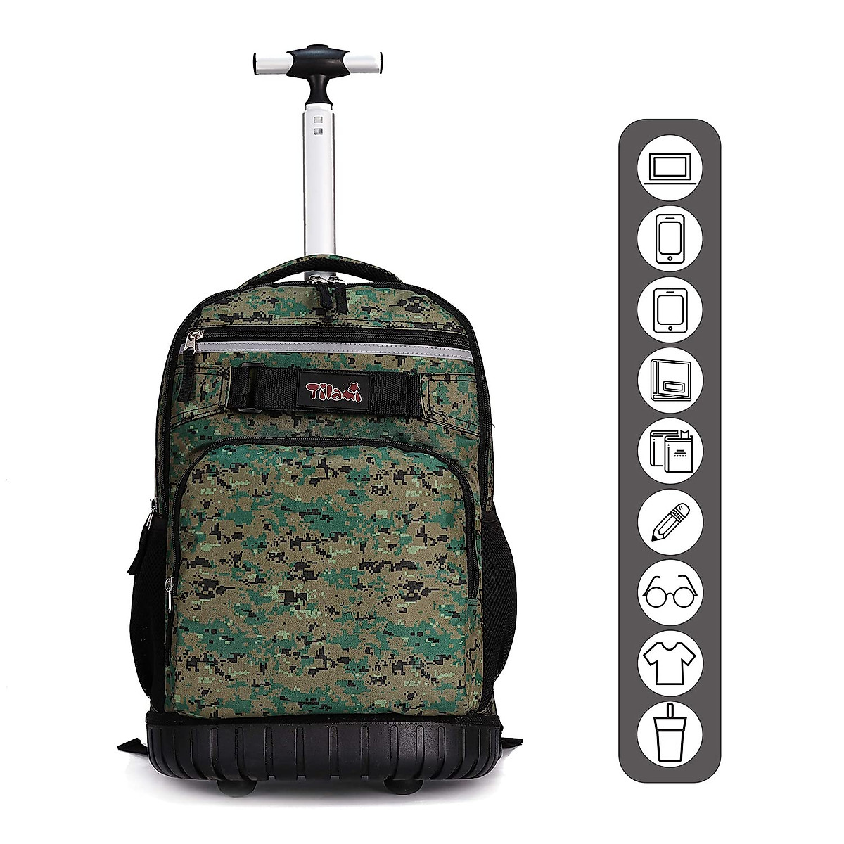 Tilami Rolling Backpack 18 inch with Pencil Case Wheeled Laptop Bag, camouflage