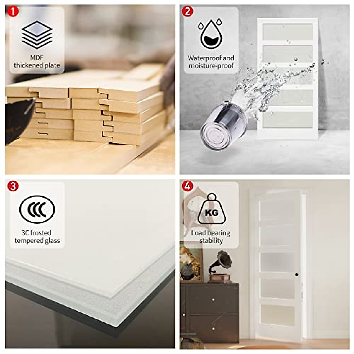 SOLRIG 30" x 80" French Interior Door - 5 Lites Tempered Frosted Glass Pantry Door Panels, Closet & Bathroom Single Door Slab, White Primed, MDF - Panel Need to Assembly