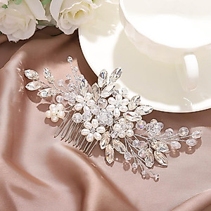 JAKAWIN Bride Wedding Hair Comb Pearl Flower Hair Piece Rhinestone Bridal Hair Accessories for Women HC034 (Silver)