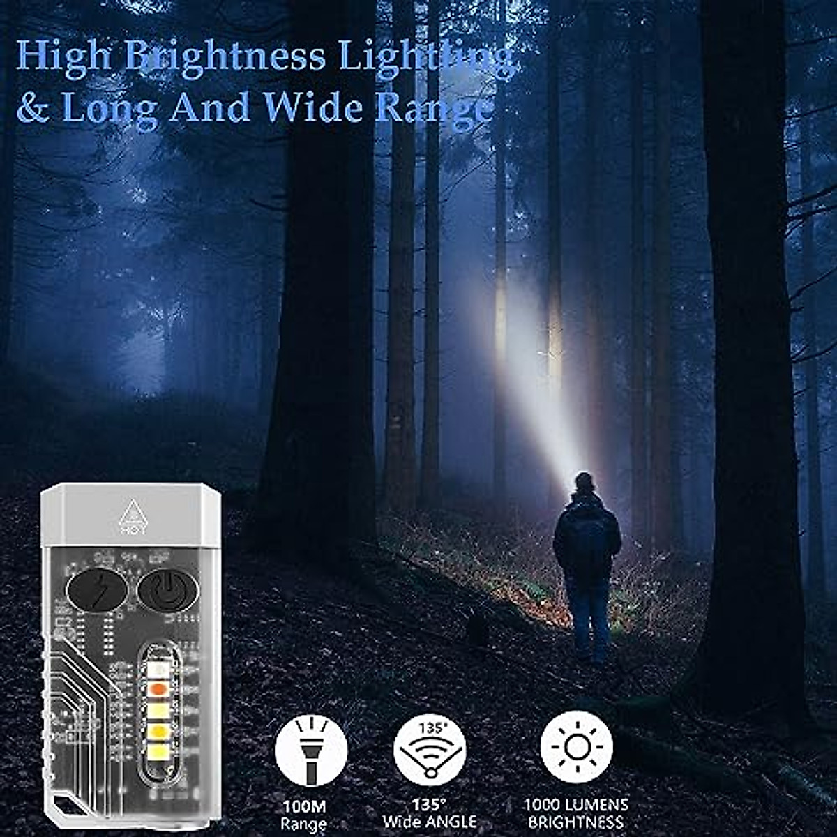 Hisim Mini Powerful Keychain Bright 1000 Lumens EDC Flashlight with 14 Lighting Modes, 365NM UV Light COB Side Light IPX4 Pocket Tail Magnet Buzzer Alarm Rechargeable Flashlight White