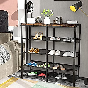 Lamerge Shoe Rack Storage Organizer, 5-Tier Shoe Storage Shelf for 16 Pairs,Stackable Shoe Shelf with 4 Metal Mesh Shelves /wood tabletop,for Entryway, Hallway, Closet, Dorm Room,Rustic Brown