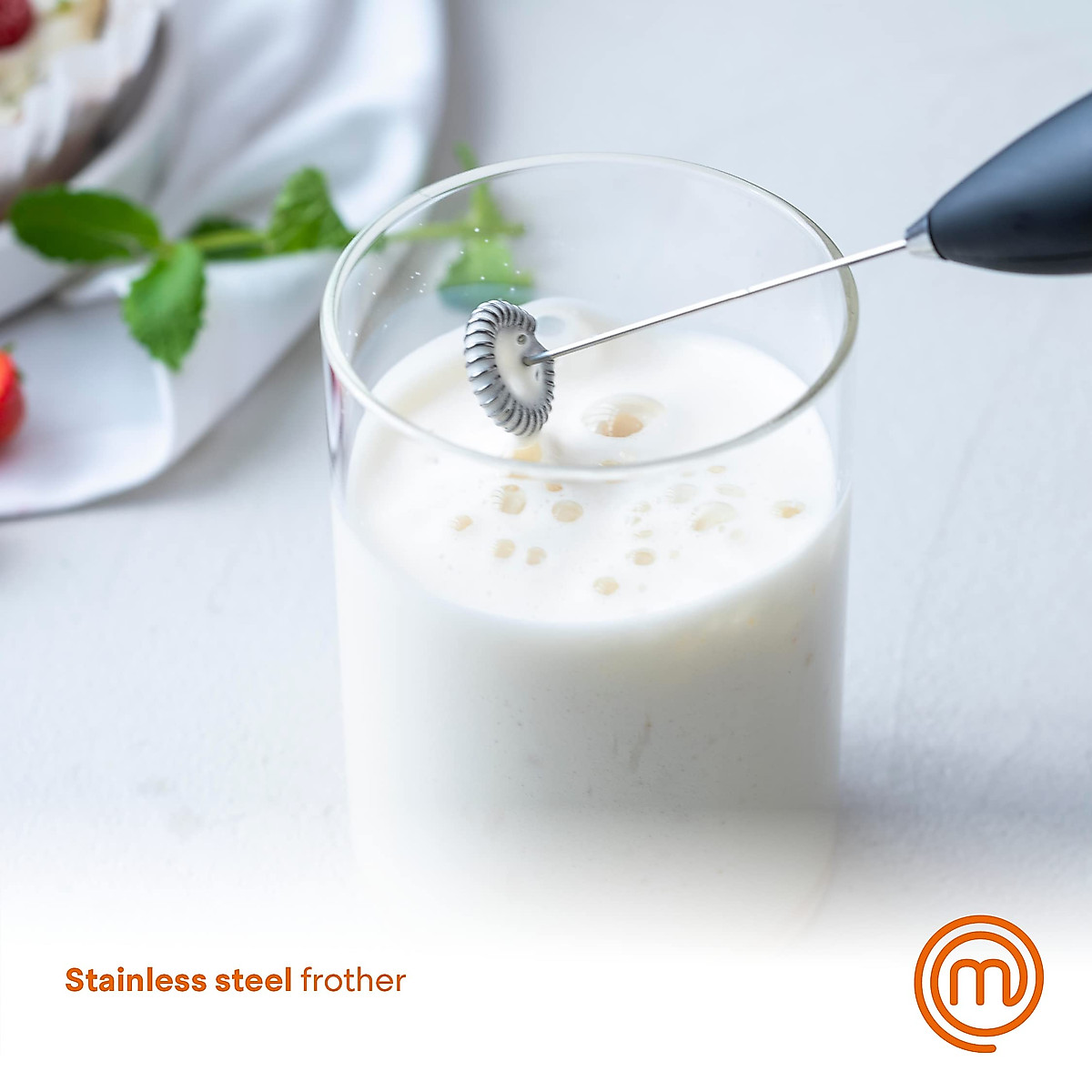 MasterChef Milk Frother for Coffee, Handheld Electric Matcha Whisk, Mini Stainless Steel Frothing Wand for Cappuccino & Latte, Portable Hand Held Drink Foamer with Soft Touch Handle, Battery Powered