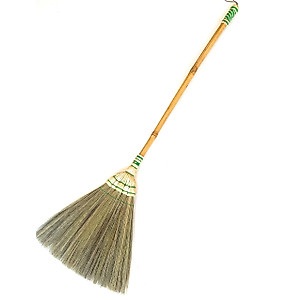 42" Handmade Natural Grass Broom with Solid Wood or Bamboo Stick, Sweep Debris Dirt Dust