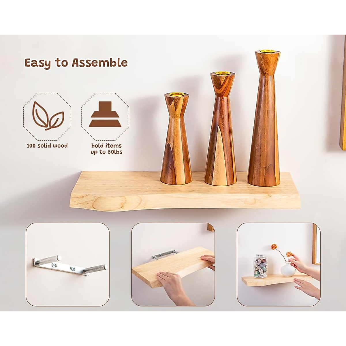 Decent Vrvege Wall Mounted Floating Shelves with Live Edge Design, Irregular Rectangle Wall Decoration Shelf Set of 3, Solid Oak Wood Wall Display Organizer, Home Wall Storage Decor Shelve