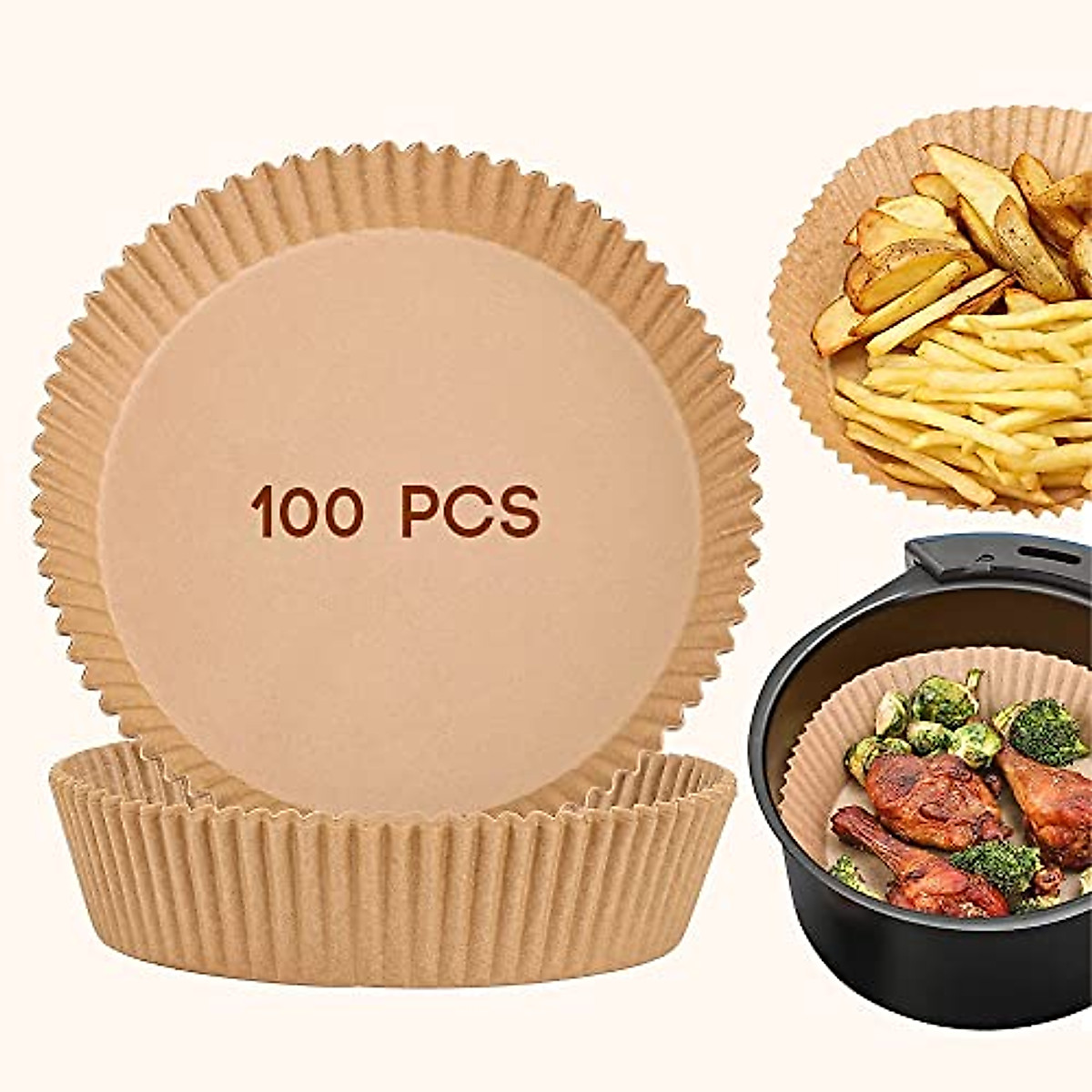 Air Fryer Disposable Paper Liner, 100PCS Non-stick Disposable Liners, Baking Paper for Air Fryer Oil-proof, Water-proof, Food Grade Parchment for Baking Roasting Microwave (100Pcs-6.3 inch)
