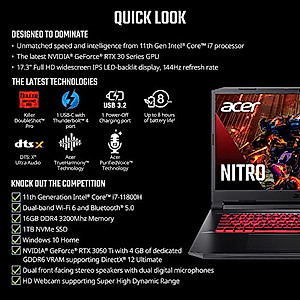 Acer Nitro 5 AN517-54-77KG Gaming Laptop | Intel Core i7-11800H | NVIDIA GeForce RTX 3050 Ti Laptop GPU | 17.3" FHD 144Hz IPS Display | 16GB DDR4 | 1TB NVMe SSD | Killer WiFi 6 | Backlit Keyboard