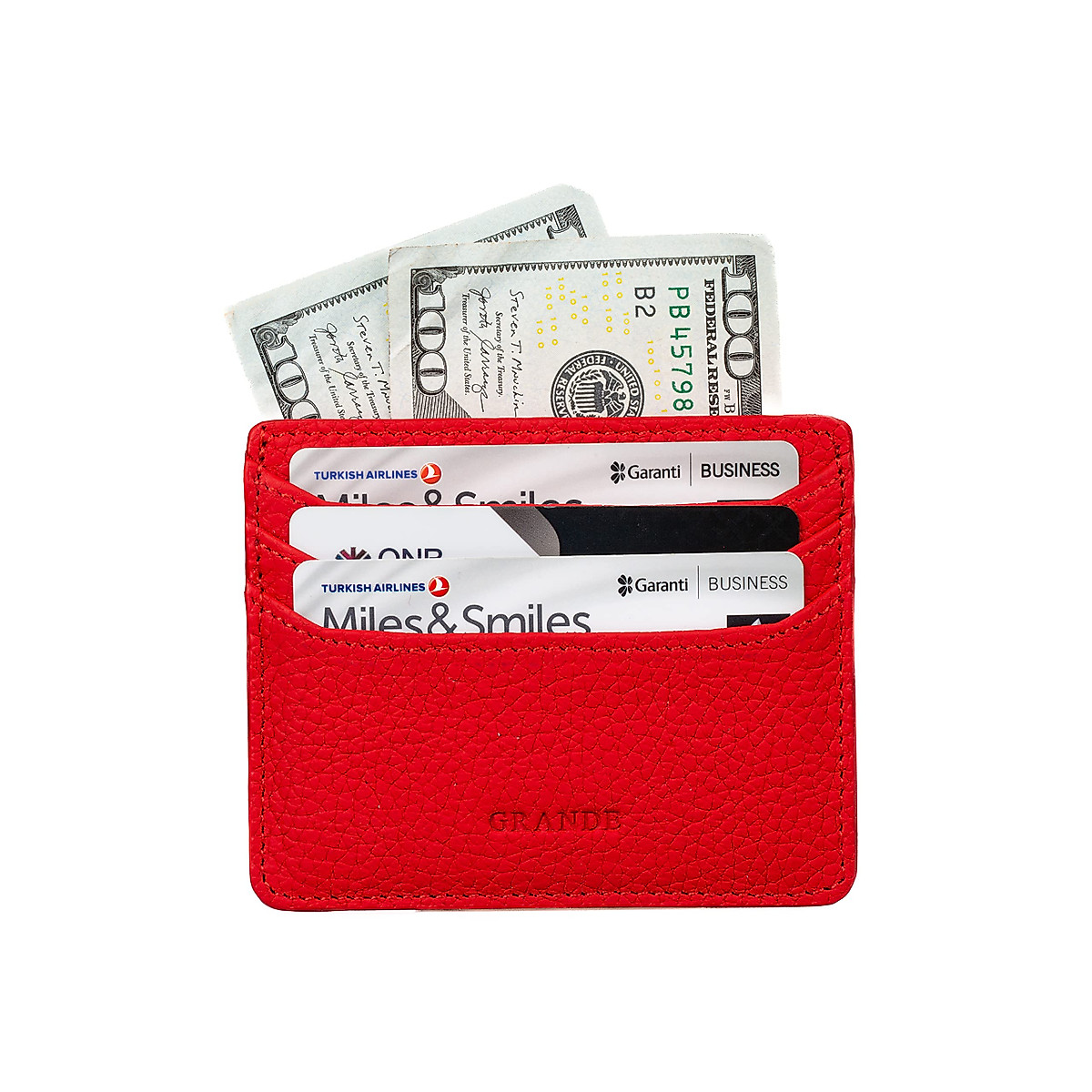 grande 3633 Genuine Leather Card Holder For Women and Men Super Slim Minimalist Small Snap Wallet (Red)