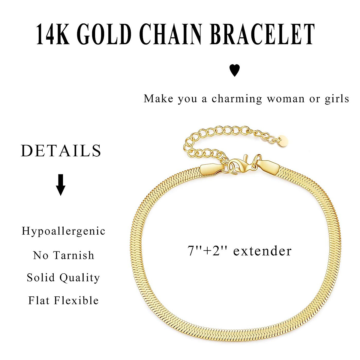 NUZON Gold Snake Chain Bracelet for Women 18K Gold Plated Adjustable 5MM Flat Flexible Herringbone Link Bracelet Charm Minimalist Jewelry