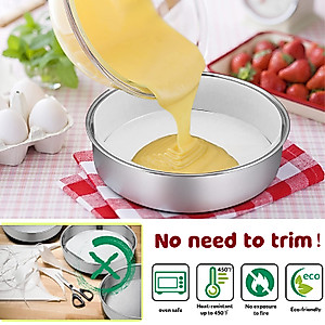 E-far 8 Inch Cake Pan Set of 2, Stainless Steel Round Layer Cake Baking Pans with Parchment Rounds & Side Liner Roll, Non-Toxic & Healthy Metal Cakes Tin, Straight Side & Dishwasher Safe