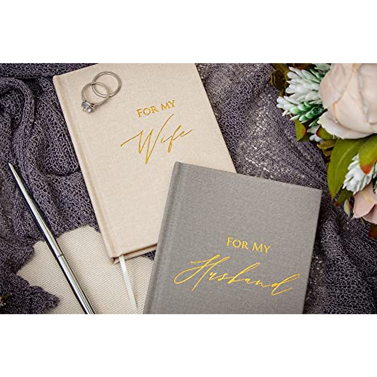 MUUJEE for My Husband and for My Wife Vow Books (Set of 2) - Grey and Ivory Gold Foil Embossed Vows Book Journal for Wedding Ceremony Vow Renewal Valentines Day Gift for Husband Wife