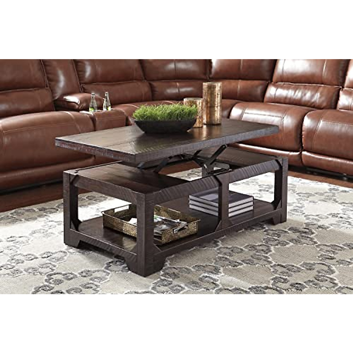 Signature Design by Ashley Rogness Rustic Rectangular Lift Top Coffee Table, Distressed Dark Brown