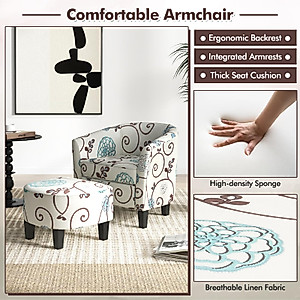 Giantex Small Accent Chair with Ottoman Set, Upholstered Barrel Chair with Footrest, Modern Accent Armchair with Ottoman, Round Club Chair for Living Room, Small Space, Bedroom (Blue Flower)