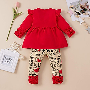 Toddler Baby Girl Valentine's Day Outfits Ruffle Tunic Top Dress Shirt Carriage Love Heart Print Flare Pants Clothes Set (Red, 1-2T)