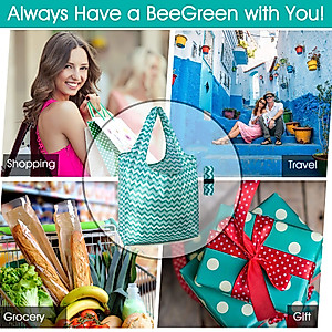 BeeGreen Reusable Grocery Bags Lightweight Durable Shopping Bags Washable Foldable 12 Pack Xlarge Classic Geometric Design Gift Tote Grocery Bags with Elastic Band and Separated Zipper Storage Pouch