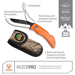 OUTDOOR EDGE RazorPro - Double Blade Folding Hunting Knife with Replaceable Razor Blade, Gutting Blade and Camo Nylon Sheath (Orange, 6 Blades)