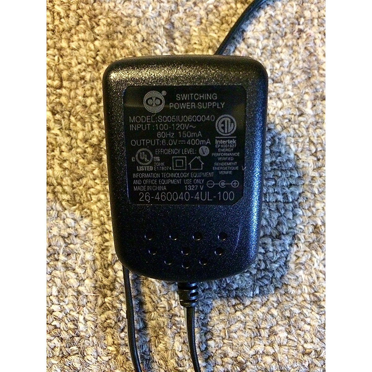 Switching Power Supply Model: S005IU0600040 6.0V 400mA for AT&T & other office equipment