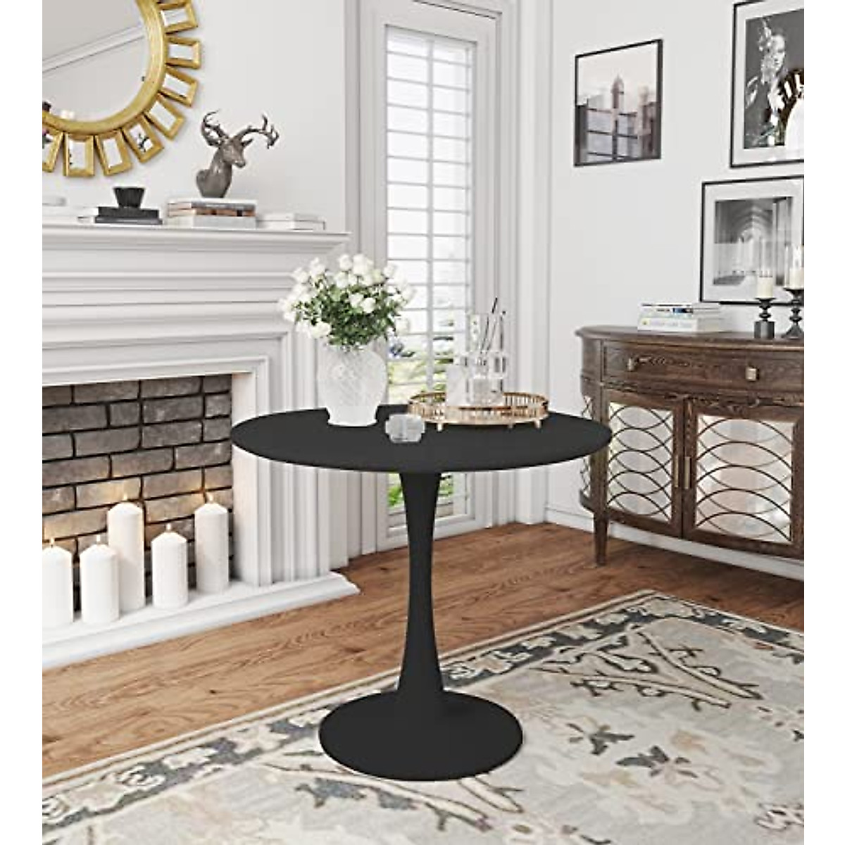 Sinovoy White Round Dining Table Modern Style 31.5" with Pedestal Base in Tulip Design, Mid-Century Leisure Table for Kitchen Dining Room & Living Room (Black)
