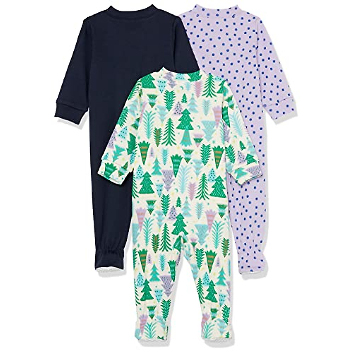 Amazon Essentials Unisex Babies' Cotton Snug-Fit Footed Sleeper Pajamas, Pack of 3, Ecru Festive Tree/Navy/Purple Dots, 0-3 Months