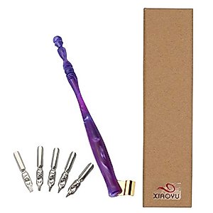 Xiaoyu Calligraphy Oblique Nib Pen Holder, English Calligraphy Pen Nib Holder, Resin Dip Pen Handle Nib Holder with 5 Flat Nibs, Blue and Pruple