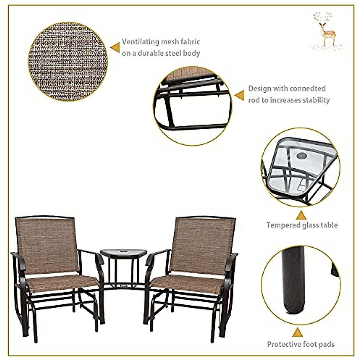 HSQQ 3 in 1 L Porch Glider Loveseat Outdoor Patio Swing Glider Chair 2-Person Outdoor Sling Fabric Double Glider Rocker Chair, Coffee Table with Umbrella Hole for Garden, Porch, Backyard, Beige