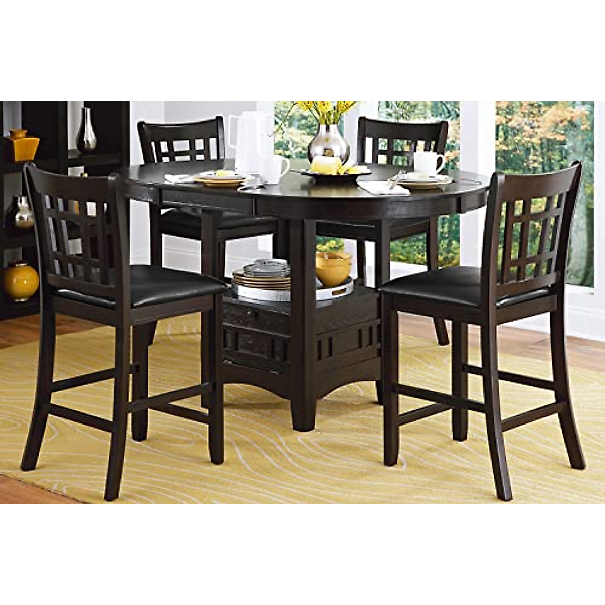 LCH Round Traditional Design Dark Cherry Finish Dining Set with Shelf,5pc Table with Extension Leaf and 4 Counter Height Chairs with Backrest,Additional Storage Space,Brown Mix