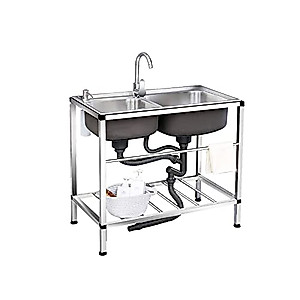 Large Free Standing Wash Station Tubs and Drainage，Commercial Garage Single Bowl Stainless Steel Sink，Free Standing，for Laundry Room, Basement, Utility Room,Outdoor and Indoor. ( Size : 82*45*75+Cold
