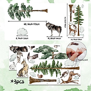 68in X-Large Pine Tree Safari Animals Wall Decals Woodland Nursery Wall Decor Watercolor Forest Animal Wall Decal Peel and Stick Deer Birds Owl Wolf Stickers for Kids Room Wall Art Baby Nursery Decor