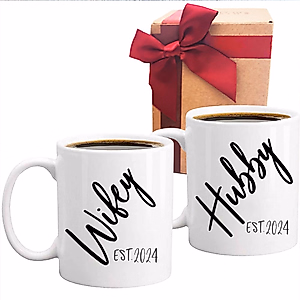 Est 2024 Gift for Husband & Wife Coffee Mug, 2024 Hubby Wifey Mug Wedding Gift, Mr and Mrs Bridal Shower Gift Unique Wedding Gift for Couple Set of 2 Mug (white)