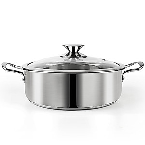 AuFranc® 4 Quart Tri-ply Stainless Steel Stockpot with Glass Lid, Induction Stock Pot Compatible with All Cooktops, Non-Toxic Soup Pot with Riveted Handles, Oven & Dishwasher Safe (Silver)