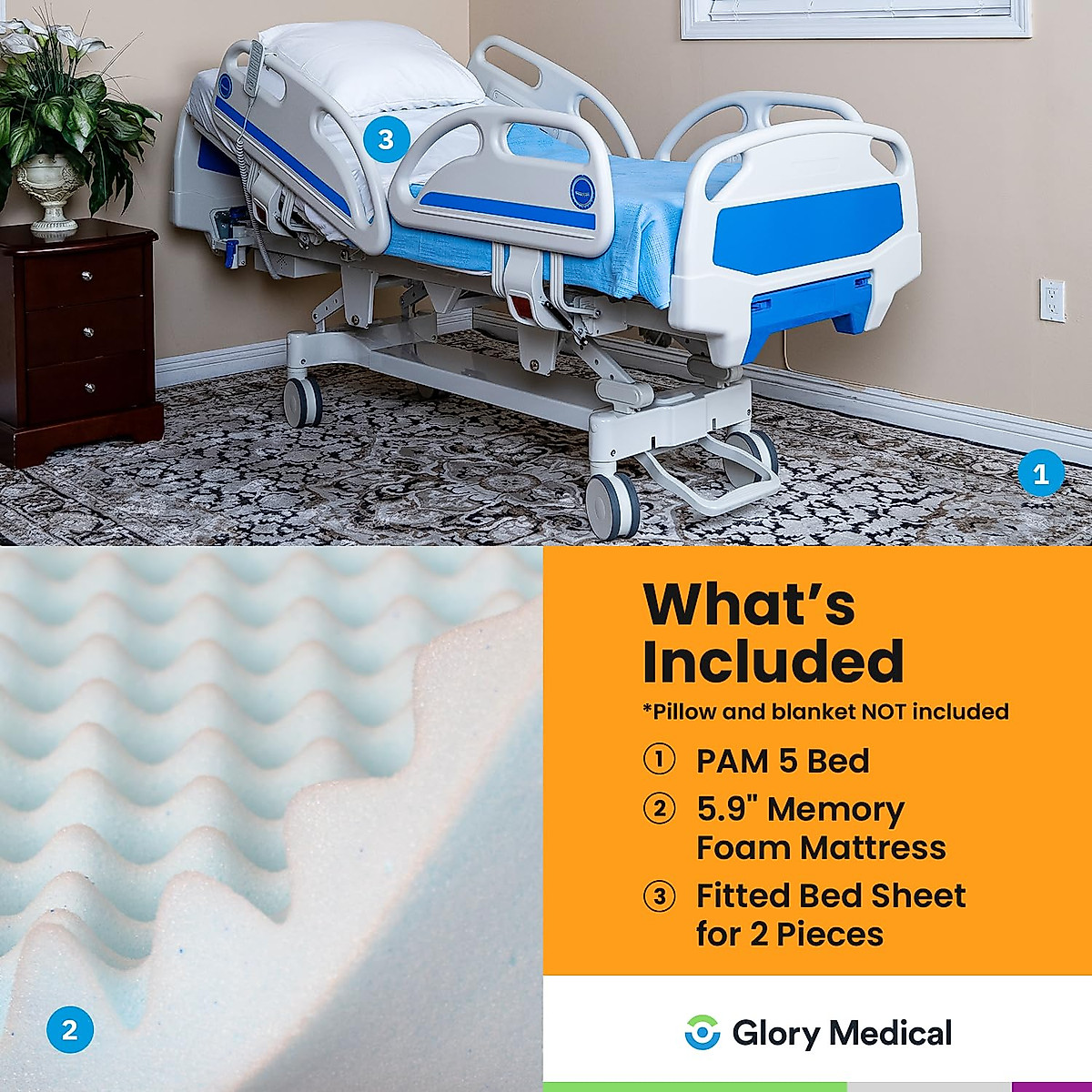 Point A (PAM-5) Premium 5-Function Full Electric Hospital Bed for Home Use, 5.9" Memory Mattress Made in USA, LINAK Motor, Central Locking, 6" Casters, Includes (2X) Bed Sheet and Battery Back-up