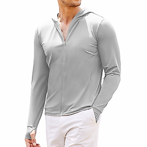 COOFANDY Men's Hoodie Long Sleeve Zip Front Shirts SPF UV Thumbholes Comfortable Jacket with Zipper Pockets Light Gray