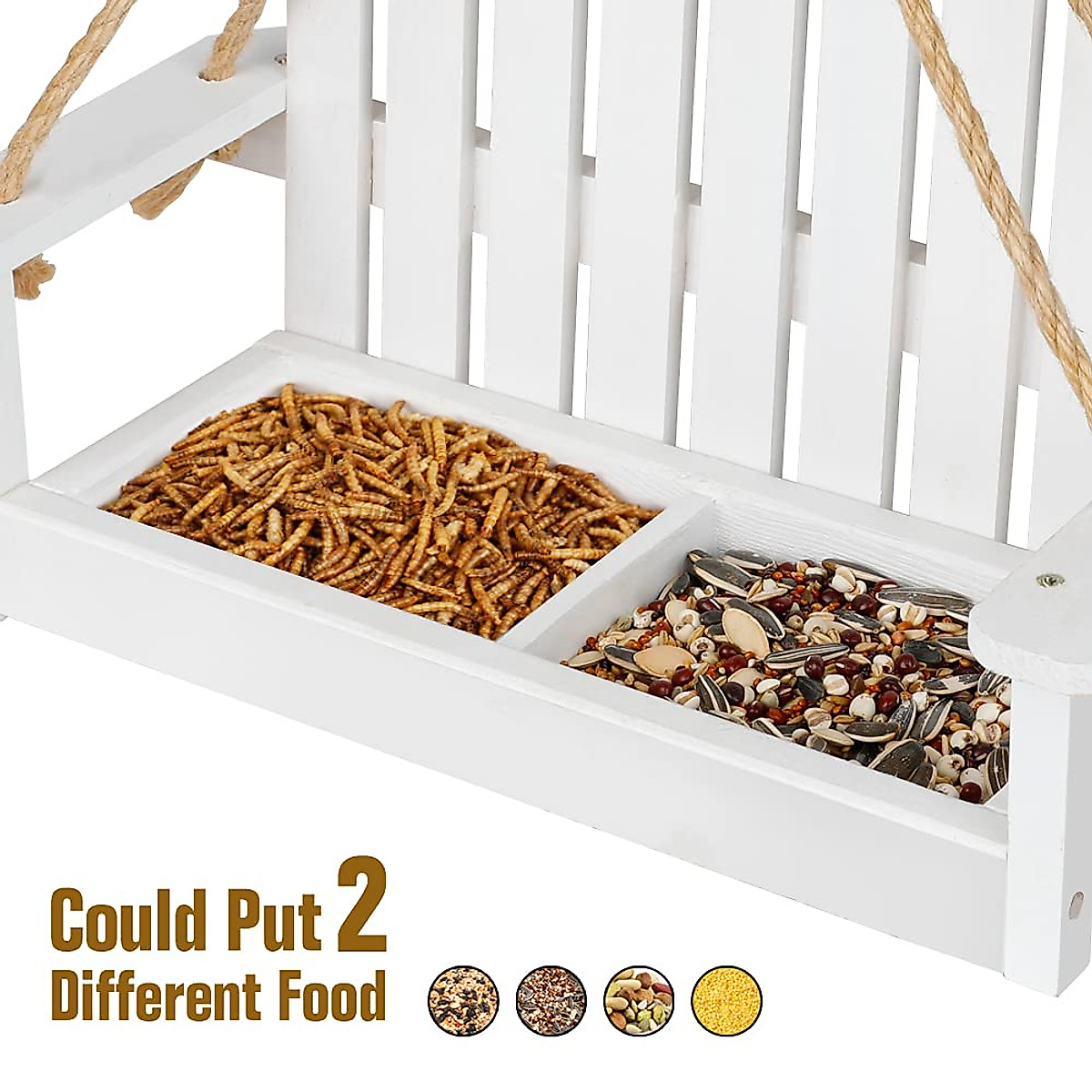 Solution4Patio White Swing Wild Bird Feeder for Outside, Metal Mesh Bottom, Cute Bench Bird Feeder or Squirrel Feeder for Yard, Porch Decoration, Large Capacity, Easy to Fill & Clean, #8455