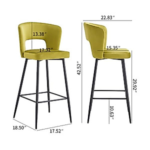 YUMPION Set of 2 Cloth armless Yellow Fashion Fabric Stool, Counter Height Modern Velvet backrest Fabric bar Chairs,Bar Stool Chair for Kitchen/Balcony with Black Metal Legs