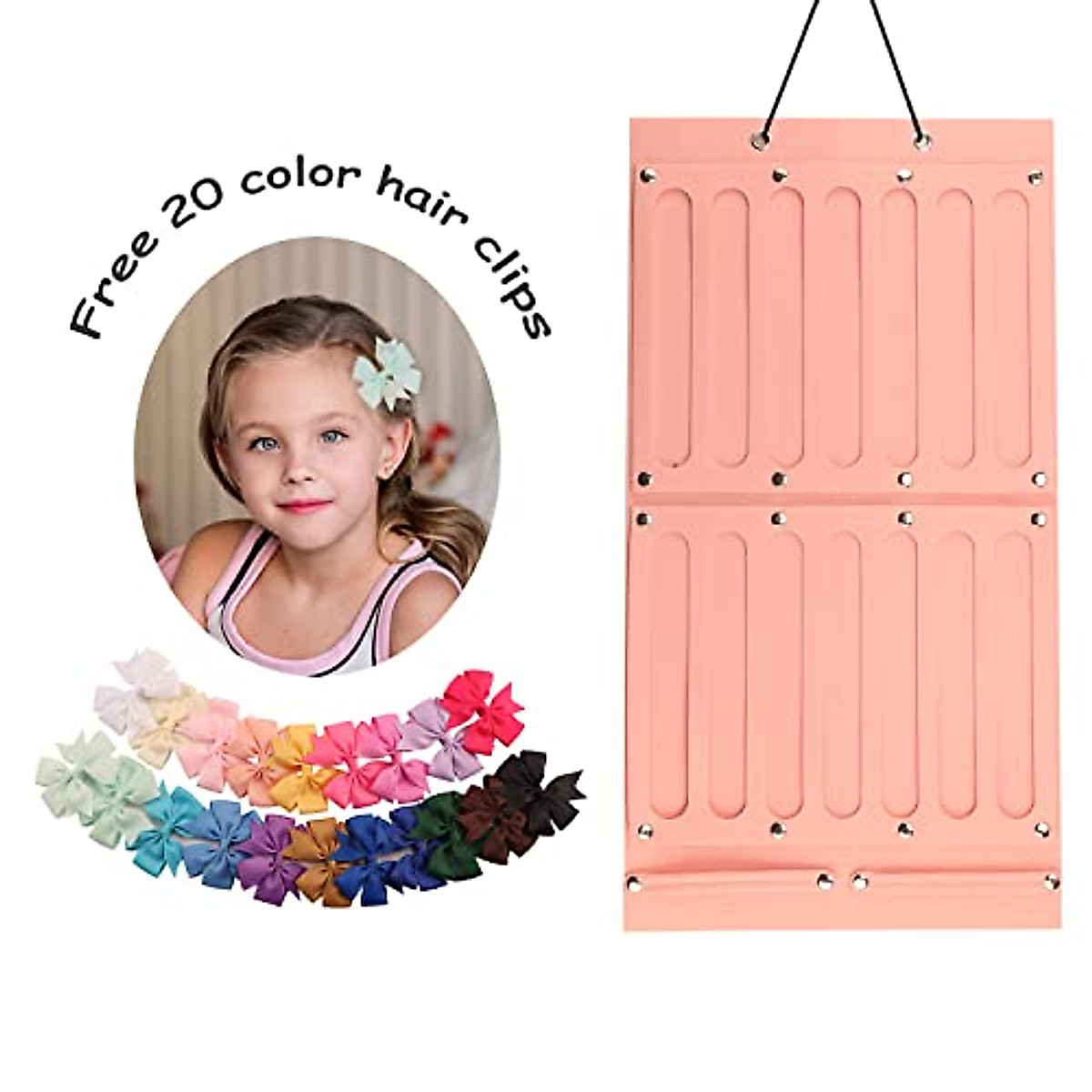 Moobibear Bow Holder Organizer for Baby Girls (With 20 hair clips), Large Capacity Hair Clip Holder, Girls Hair Accessories Storage Organizer with 16 Felts for Nursery Room