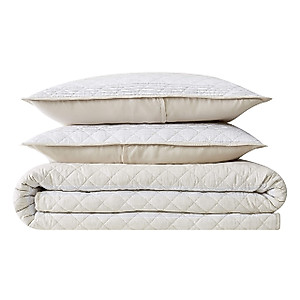 Cottage Classics 3-Piece 100% Cotton Face Quilt and Sham Set Farmhouse Style Textured Horizontal Stripe, Full/Queen, Tan