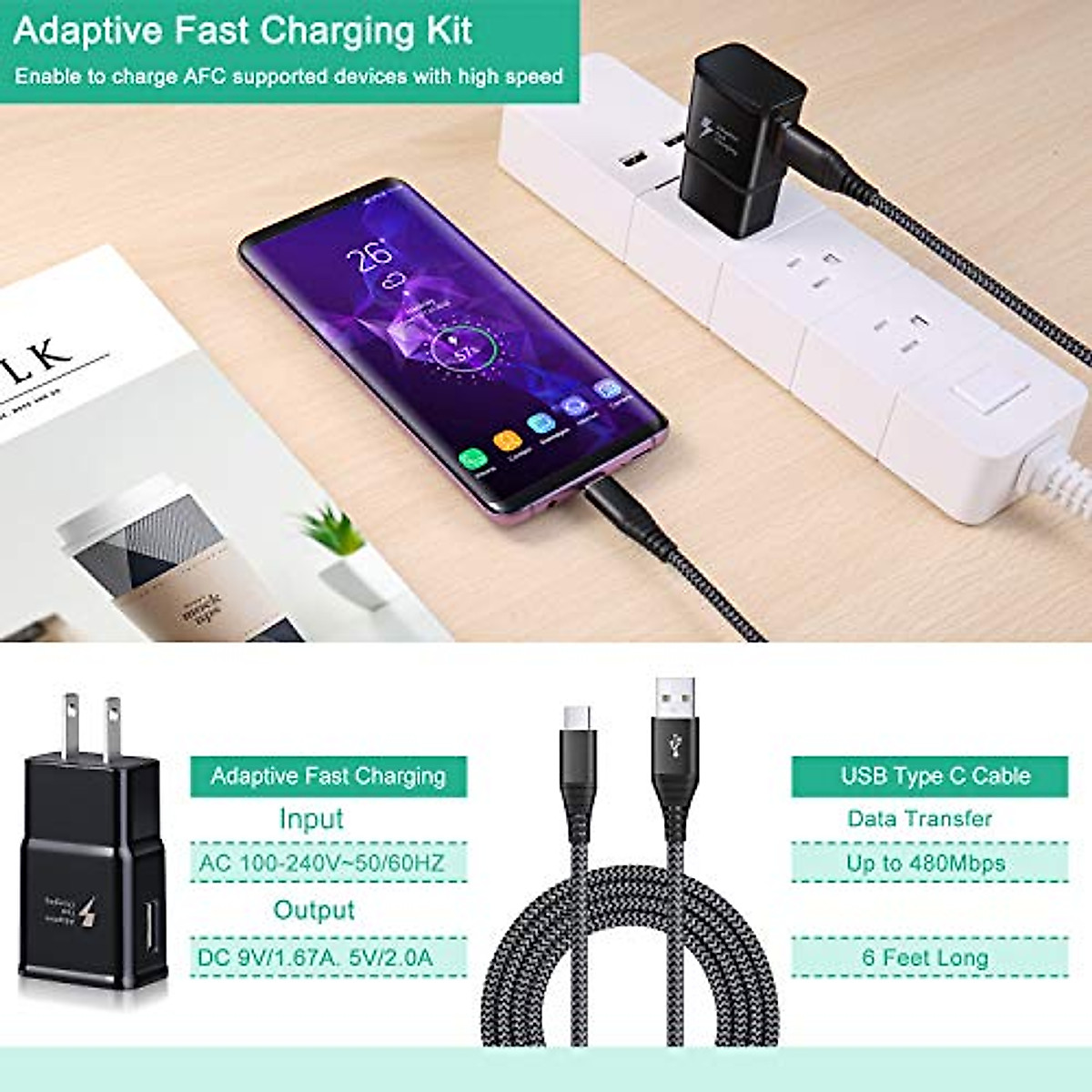 Adaptive Fast Charging Wall Charger Kit, Qihop 2-Pack Fast Charging Block with 6ft USB Type C Cable Compatible with Samsung Galaxy S20/S10/S10+/S10e/S9/S8 Plus,Note 8/9/10+/20, Pixel 3