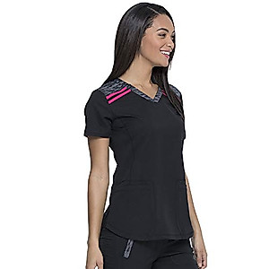 Dickies Dynamix Womens Tops, Athletic-Inspired Mélange V-Neck Scrub Top with Four-Way Stretch and Moisture Wicking DK740, XL, Black/Hot Pink