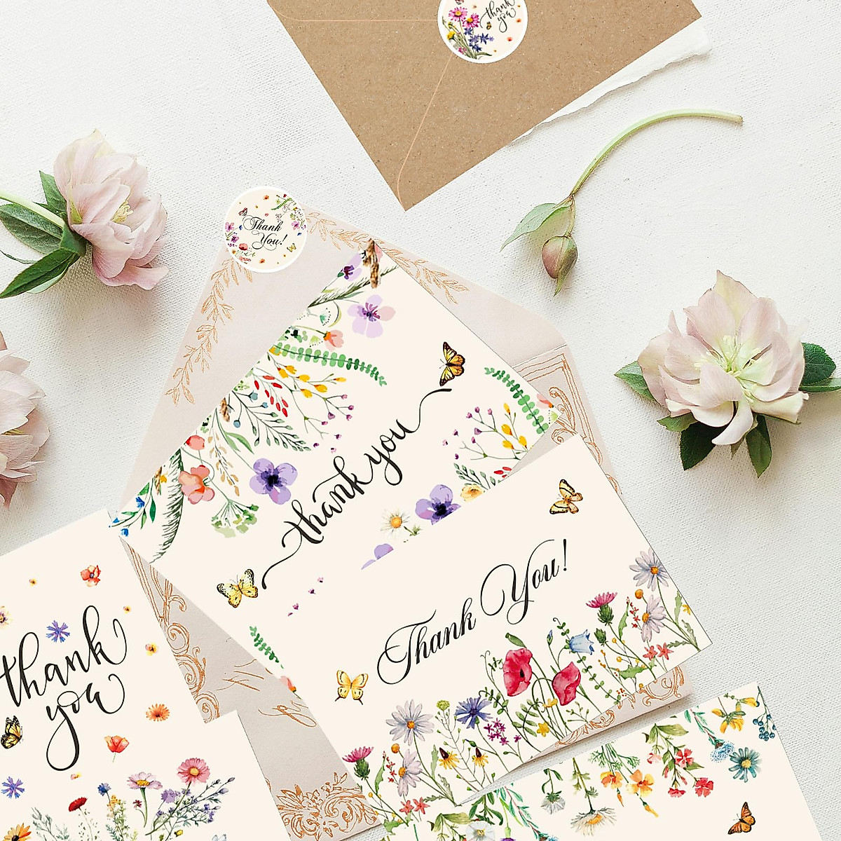 Savgkoyt 75 Pack Wildflower Thank You Cards with Envelopes and Stickers Thank You Notes with Envelopes Set Bulk Vintage Flower Greeting Cards with Kraft Envelope Sticker for Wedding Bridal Showers Baby Showers