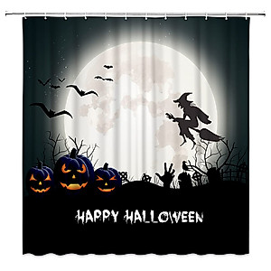 PZMPZM Halloween Shower Curtain Witch Pumpkin Lanterns Full Moon Tombstone Bats Crow Pattern Party Backdrop Cloth Bathroom Polyester Fabric Curtains with Hooks 70Wx70H inch