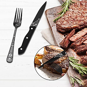 EUIRIO 89-Piece Black Silverware Set with Serving Utensils, Black Flatware Set for 14, Stainless Steel Mirror Cutlery Set, Spoons Forks Knives with Unique Floral Laser, Tableware Set, Dishwasher Safe