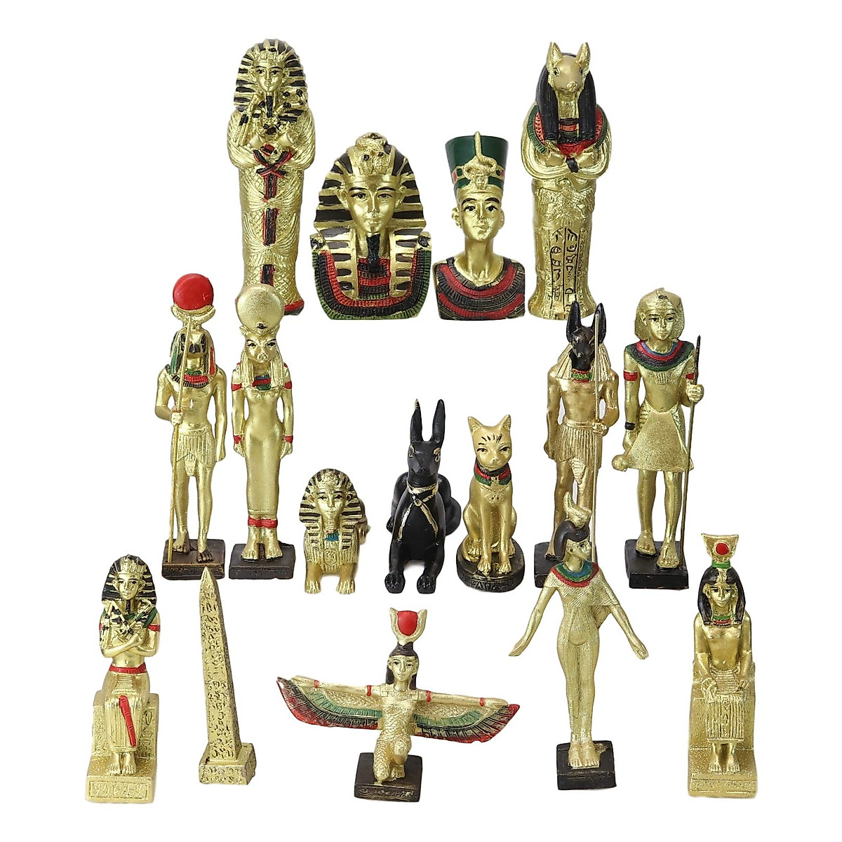Ebros Miniature Egyptian Gods and Goddesses Figurine Set of 16 Featuring Anubis Osiris Maat Isis Bastet Sekhmet Obelisk Sphinx King TUT Queen Nefertiti Mummy Hathor Horus and Seth