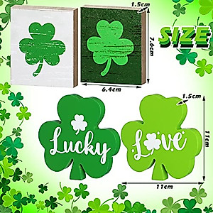4 Pcs St. Patrick's Day Table Sign Decoration Green Shamrock Lucky Sign Wooden Saint Patrick's Day Tray Decor Centerpiece Irish Freestanding Decorative Plaques Cute Table Topper for Home Party Office