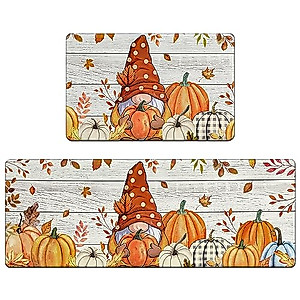 Bsmathom Fall Anti Fatigue Kitchen Rug Sets 2 Piece, Non Slip Waterproof Thick Cushioned Kitchen Rugs and Mats Set of 2, Pumpkin Thanksgiving Kitchen Runner Carpet Comfort Standing Mat