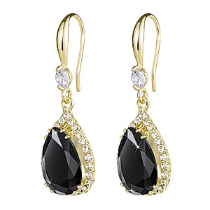 Linawe 14K Gold Black Dangle Earrings for Women Trendy, Diamond Drop Chandelier Rhinestone Cubic Zirconia Crystal Earrings Dangling, Teardrop Birthstone Dangly Earrings