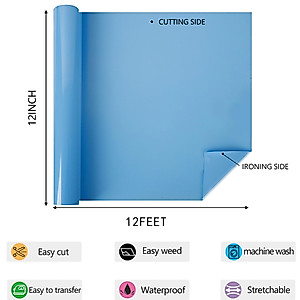 HTV Iron on Vinyl 12Inch by 12ft Roll HTV Heat Transfer Vinyl for T-Shirt HTV Vinyl Rolls for All Cutter Machine - Easy to Cut & Weed for Heat Vinyl Design (12ft, Sky Blue)