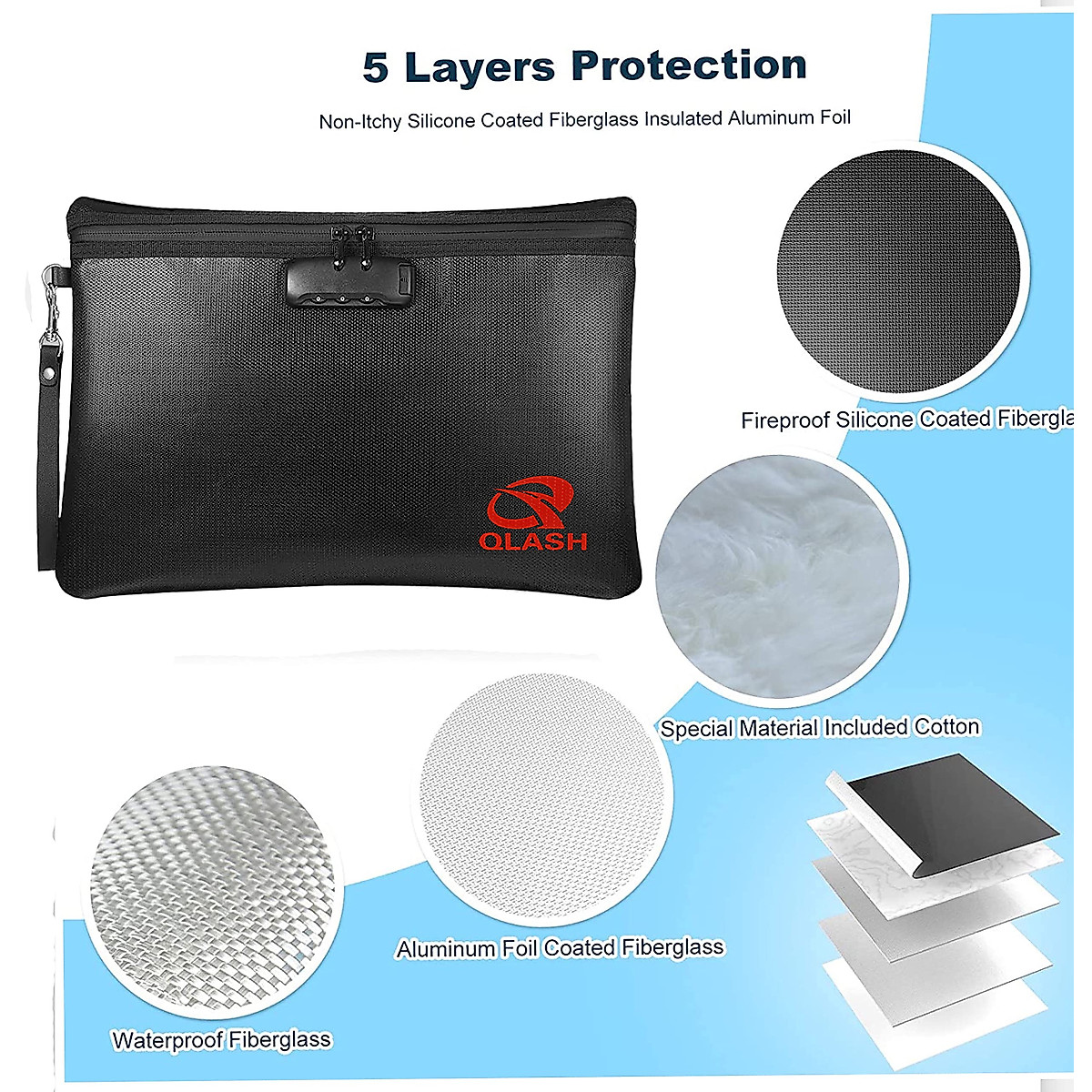 Fireproof Document Bag with Lock & Zip, 14X10" Large Fireproof Bag, Water Resistant and Fire Safe Storage for Important A4 Paper, Legal File, Cash, Battery and More