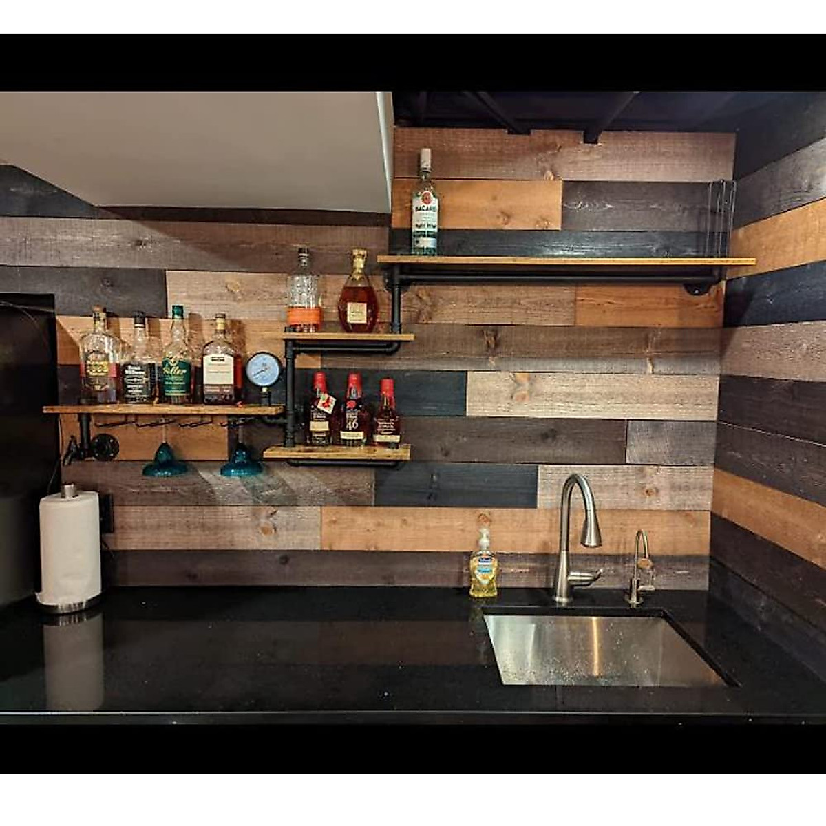 HEONITURE Bar Shelf Industrial Pipe Shelving 4 Stem Glass Holder,39in Floating Wine Rack Wall Mounted Shelves,Hanging Liquor Shelves,Display Rack Home Bar Living Room Black 7.87Dx7.87Wx23.6H''