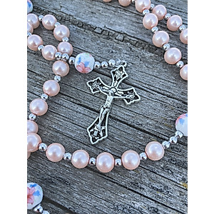 Nazareth Store Flowers Beads Rosary Necklace Crystallized Glass Pearl Beaded Rosary Miraculous Medal and Crucifix (Pink)