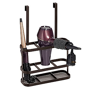 mDesign Steel Bathroom Over Cabinet Door Hair Tool Storage Organizer Accessory Basket Tray, Hang Holder for Hair Dryer, Straightener, Curling Iron, Styling Products, Carson Collection, Bronze