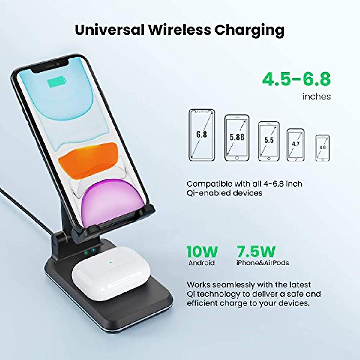 Wireless Charging Phone Stand, 2 in 1 Foldable Desktop Cell Phone Tablet Stand,10W Max Qi-Enabled Wireless Charging Multi-Angle Adjustable Metal Phone Holder for iPhone 13/12/11//Pro/XR/XS/8,AirPods